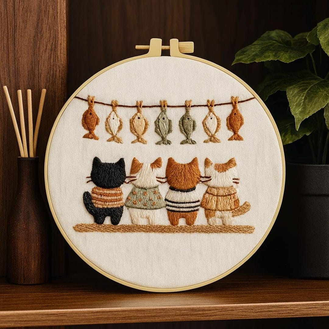 Cute Cats Embroidery Kit for Beginners With Fish Line Pattern – DIY ...