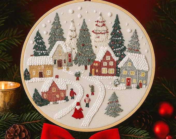 Winter Village Hand Embroidery Kit – Snowy Christmas Scene, Holiday ...