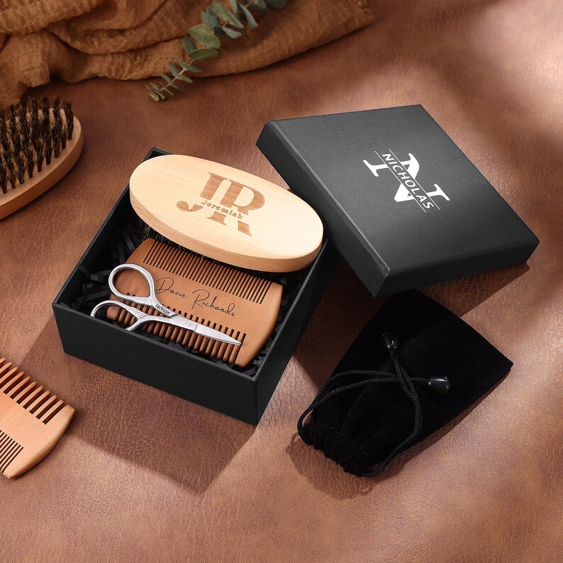 Custom Beard Care Set With Engraved Brush Comb and Scissors, Grooming ...