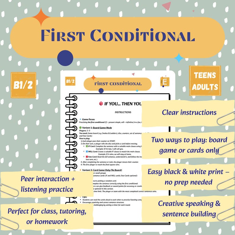 First Conditional Game for ESL Teachers | Printable IF & WILL Sentence ...