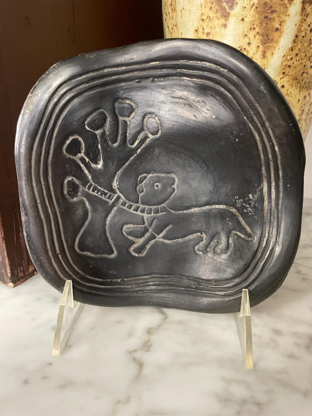 Vintage Oaxacan Black Pottery Plate: Etched Ocelot Folk Art - Etsy