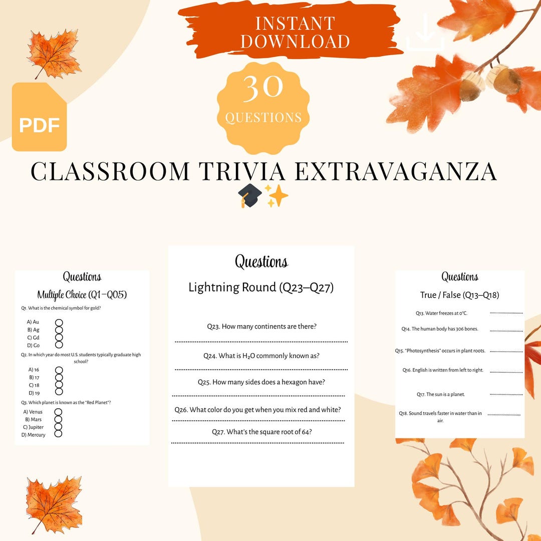 Classroom Trivia Printable Game Pack, Fun Educational Quiz for Students ...