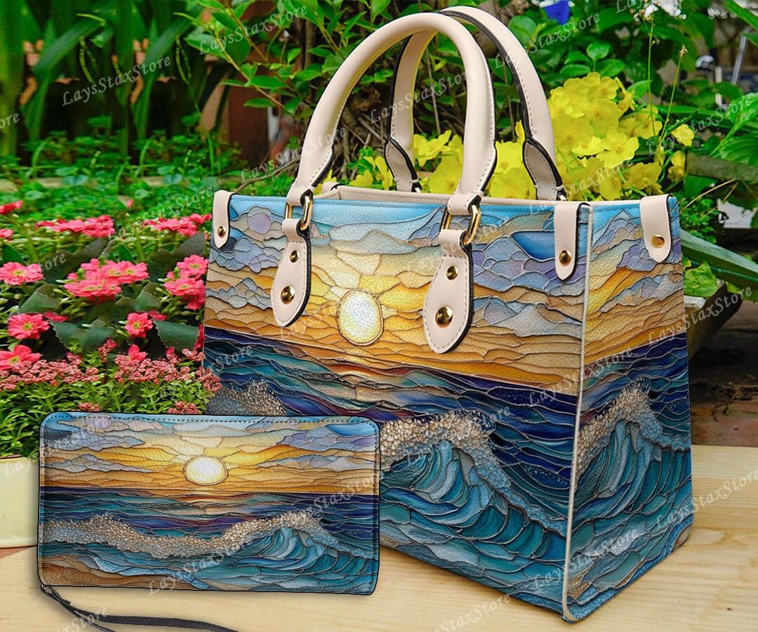 Gentle Ocean Waves Sunrise Leather Handbag & Wallet, Ocean Waves ...