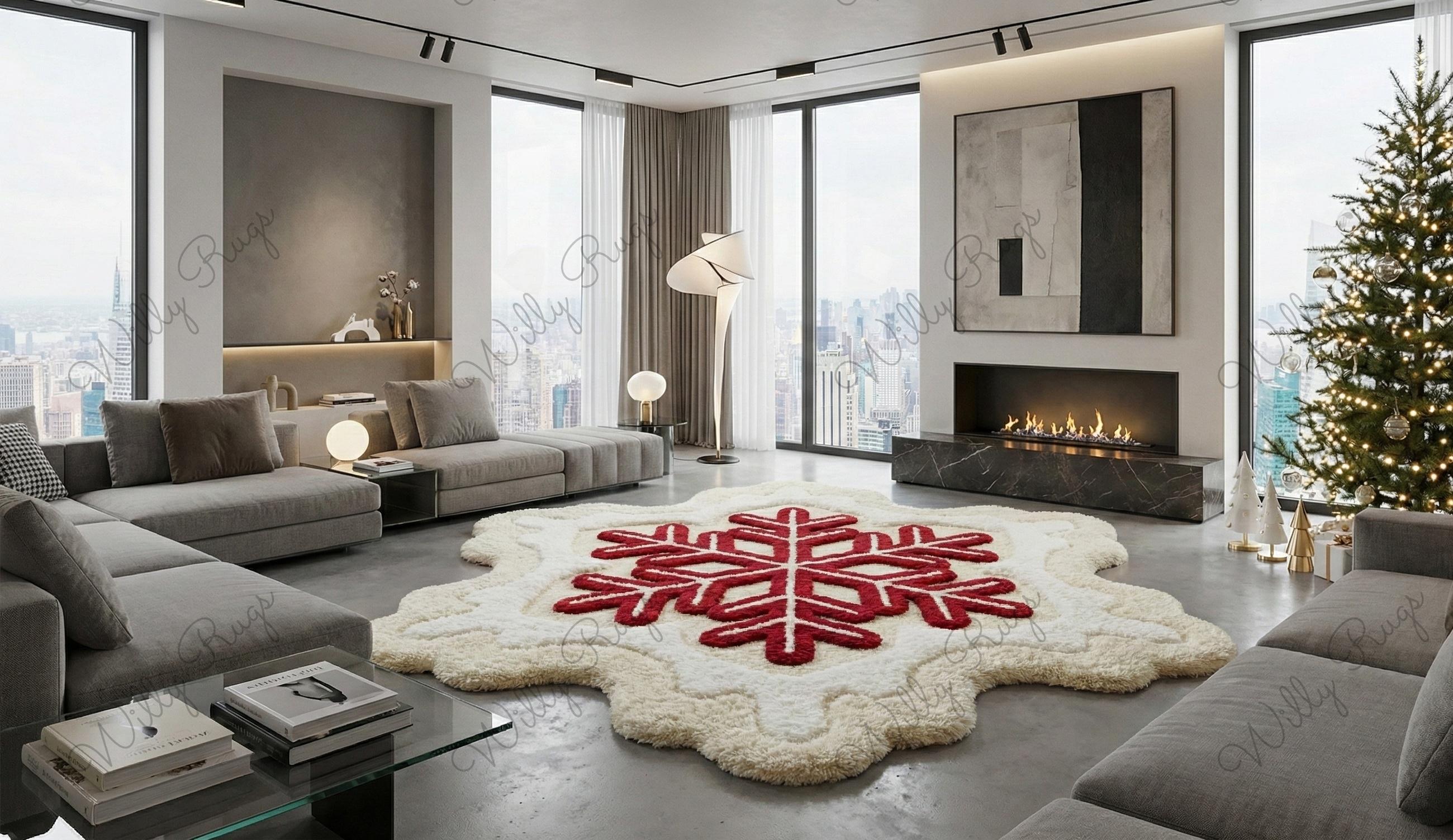 Hand-tufted Wool Snowflake Rug | Red & White Holiday Accent - Etsy