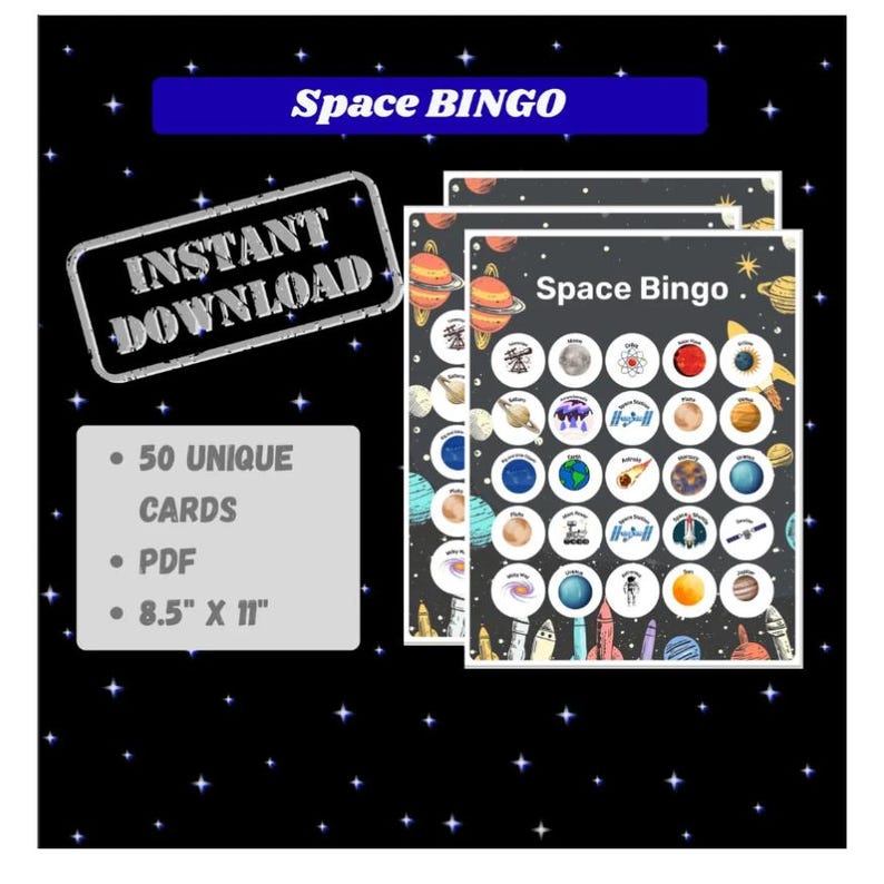 Space Bingo Game: 50 Unique Printable Cards for Kids (digital Download ...