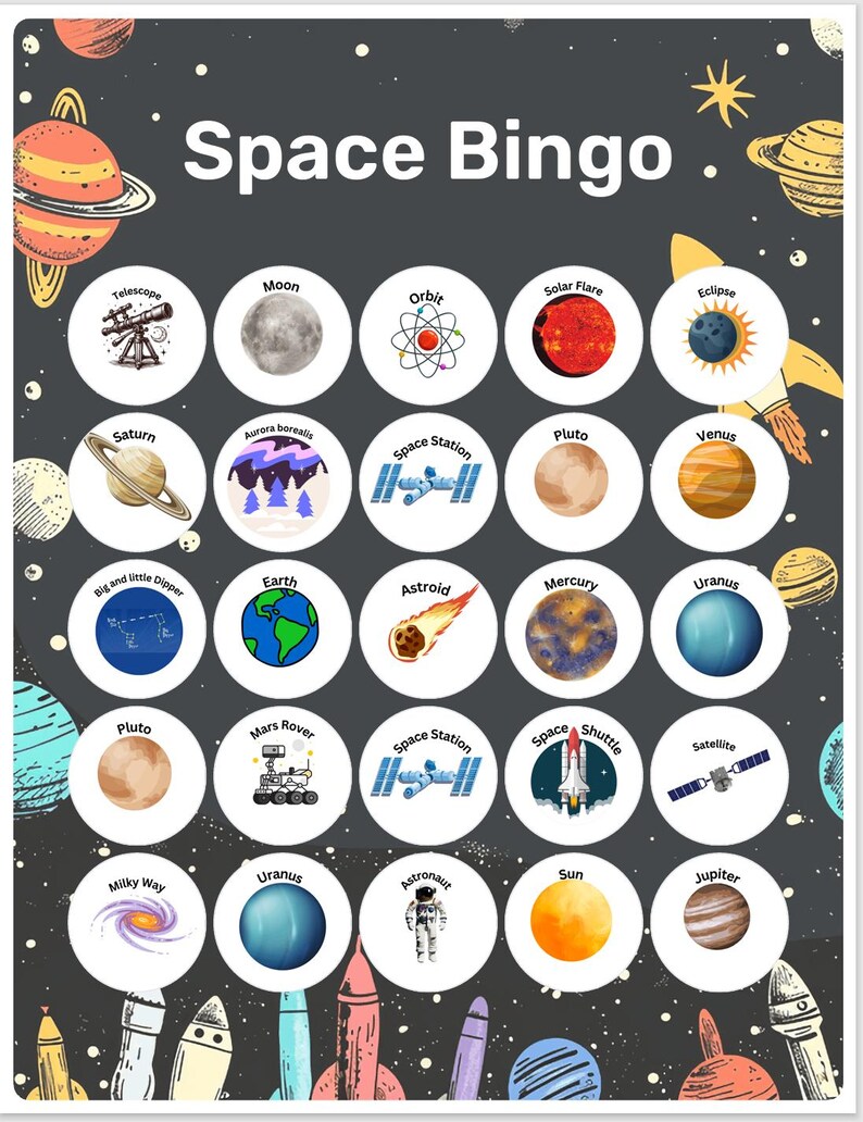 Space Bingo Game: 50 Unique Printable Cards for Kids (digital Download ...