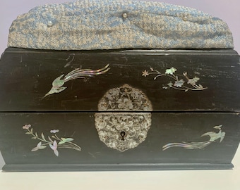 Antique Victorian Burl Inlay Mother of Pearl Wood Box With Lock and Key ...