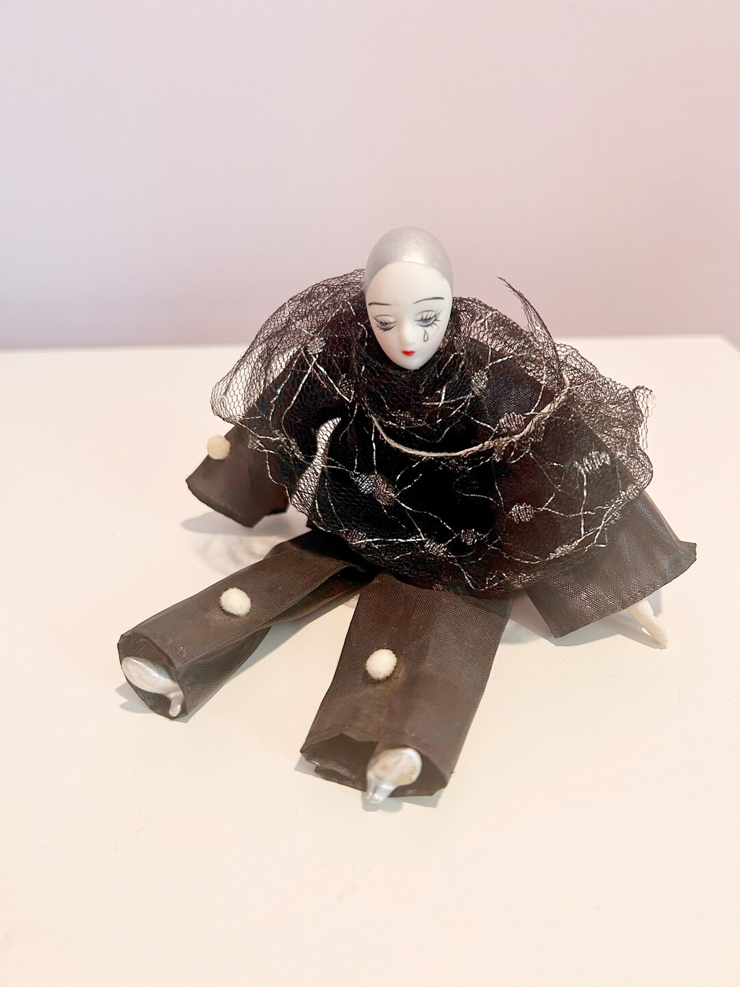 Vintage Pierrot Clown Porcelain Doll Silver Lame Black and White Polka ...