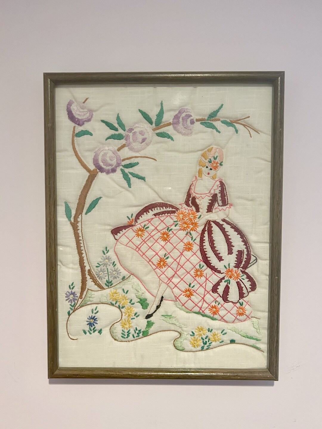 Vintage Embroidered Victorian Woman With Dress and Flowers Soft Pastels ...