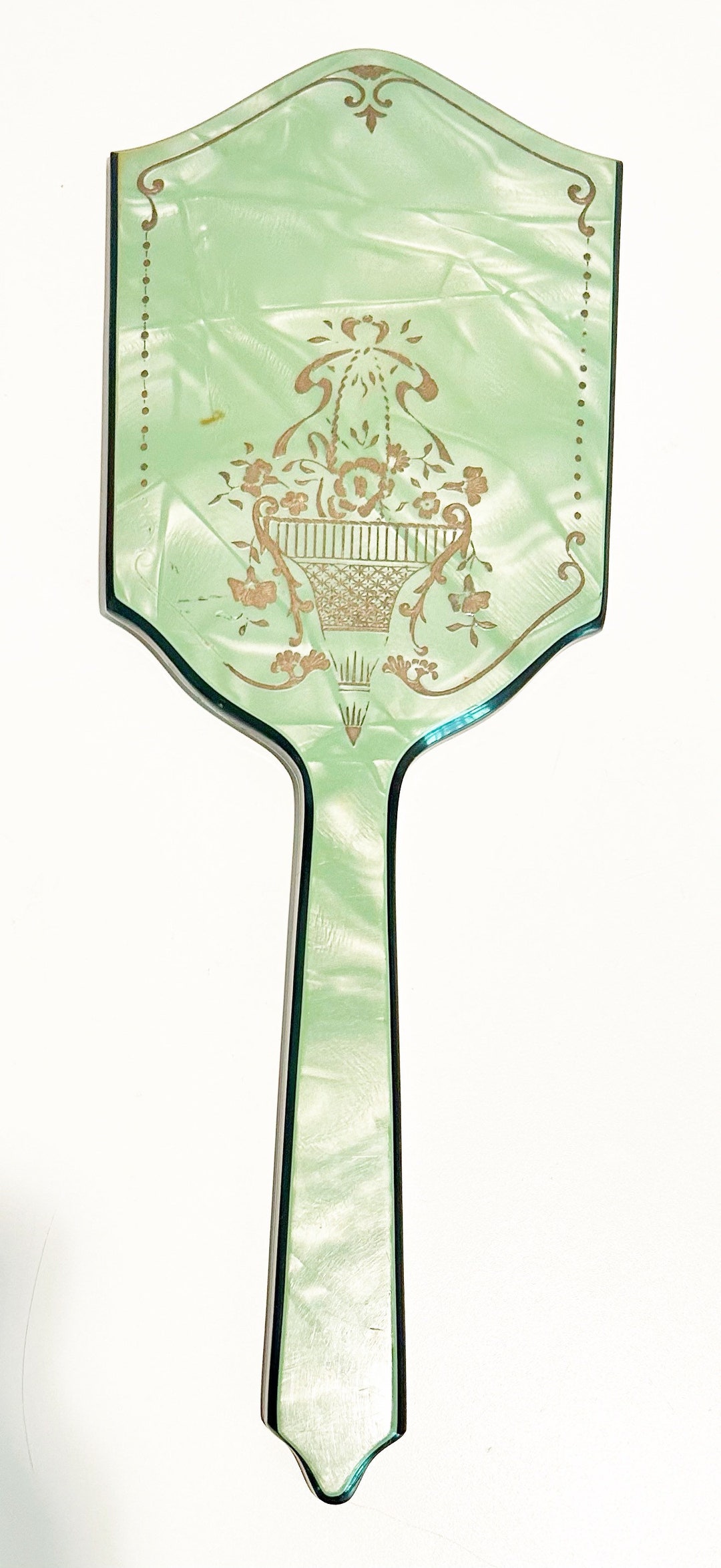 Vintage Celluloid Hand Mirror Pearlescent Green and Gold Art Deco Style ...