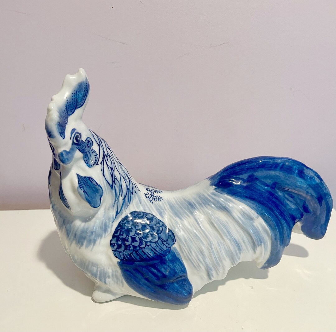 Vintage Blue and White Large Ceramic Rooster - Etsy