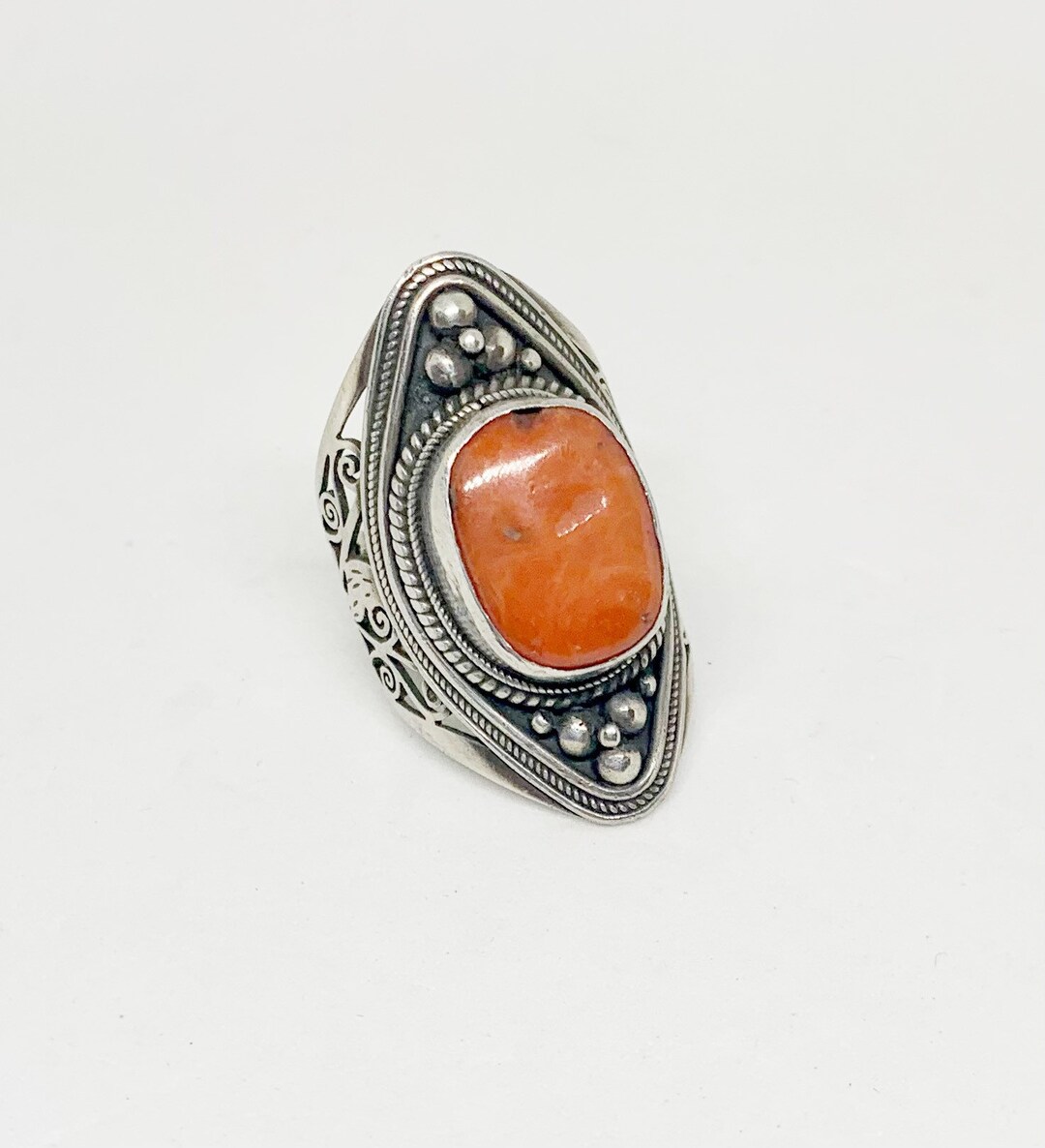 Tibetan Nepal Coral Saddle Ring Natural Coral and Sterling Tribal Ring ...
