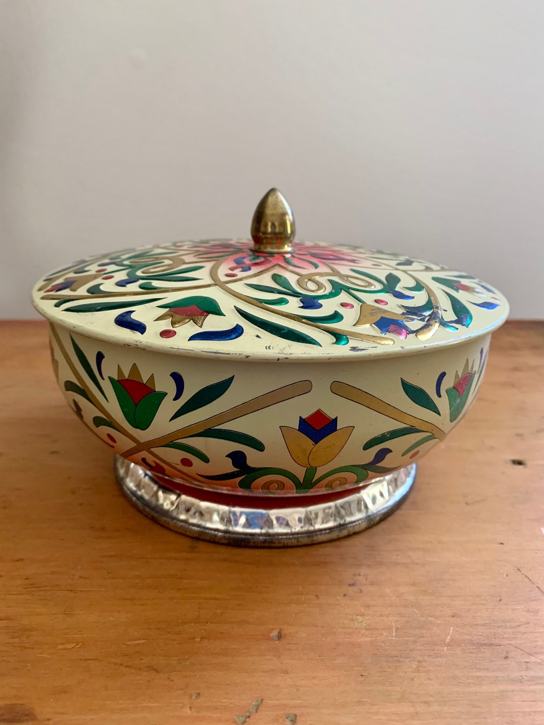 Vintage Tin Candy Tin Container Tulips and Ribbons Trinkets and ...