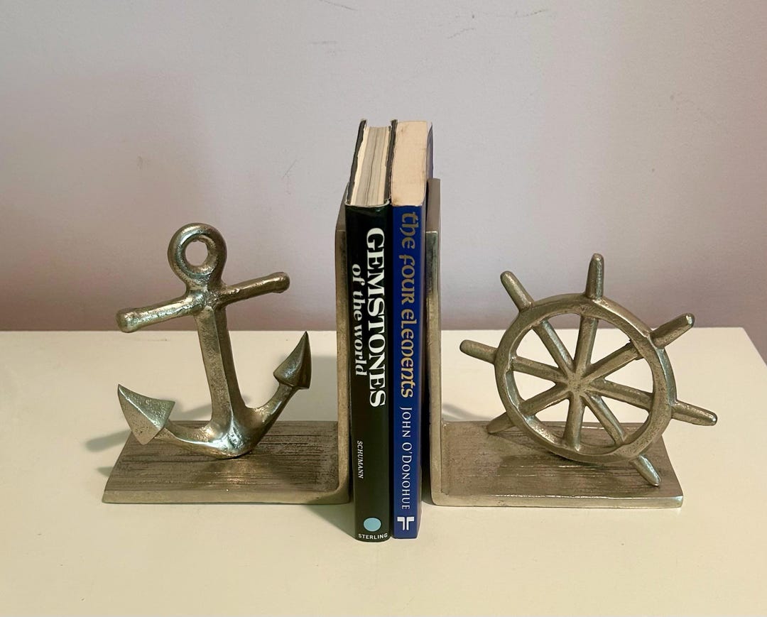 Nautical Themed Bookends Silver Anchor and Ships Wheel Metal Bookends ...