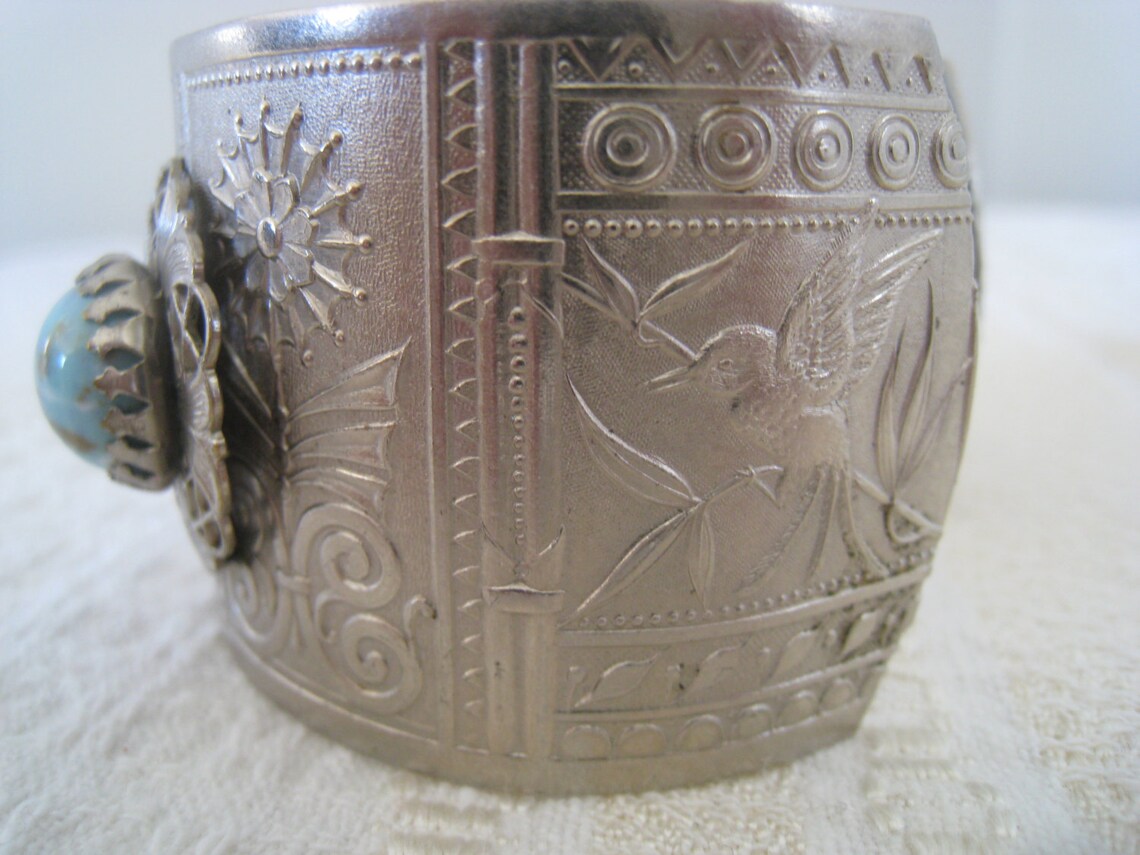 Vintage Hubbell Beads Turquoise Blue Cabochon Silver Repousse Cuff ...