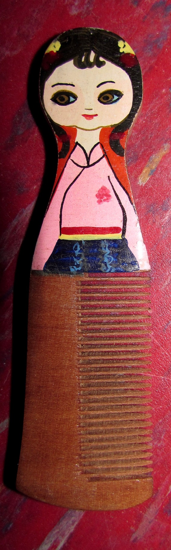 Vintage Chinese Wood Hair Combs Hand Painted Combs - Gem