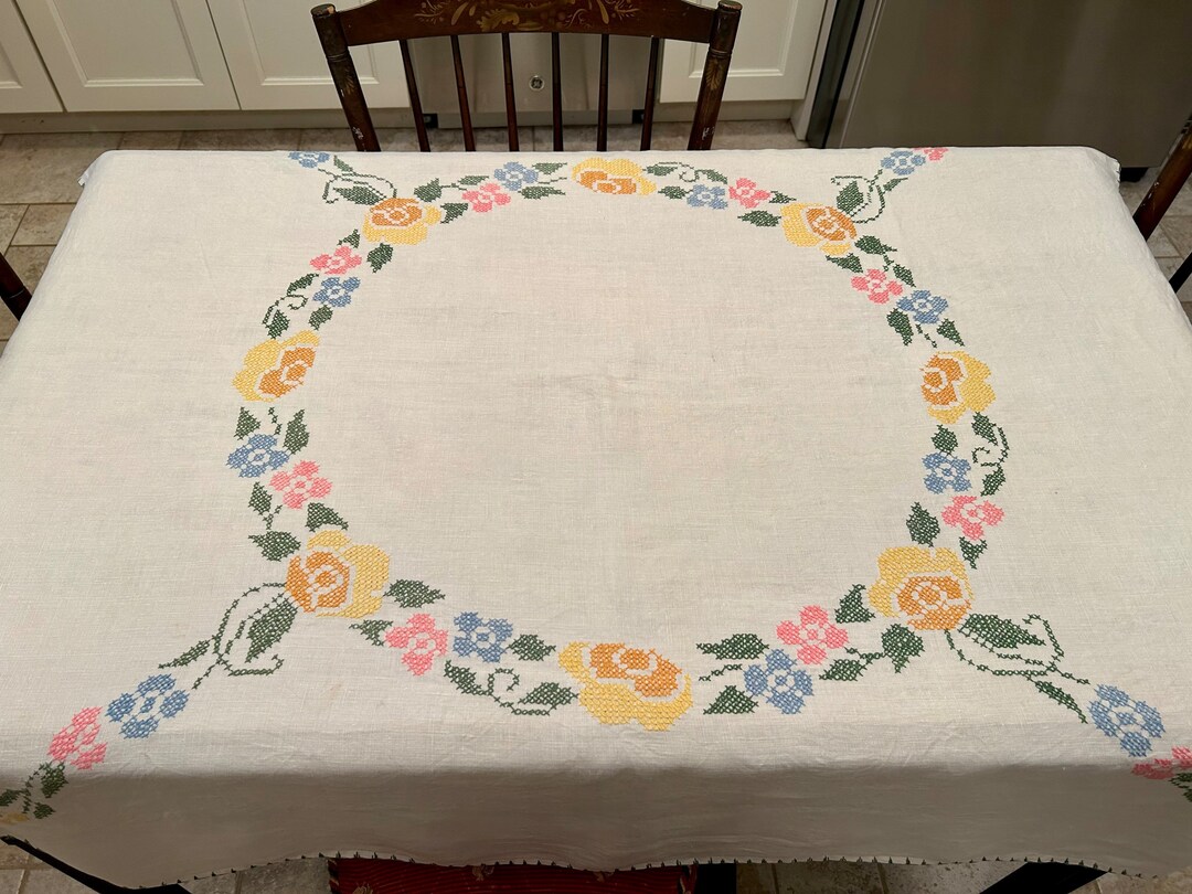Embroidered Floral Linen Tablecloth Handmade X Stitch Design Fancy ...