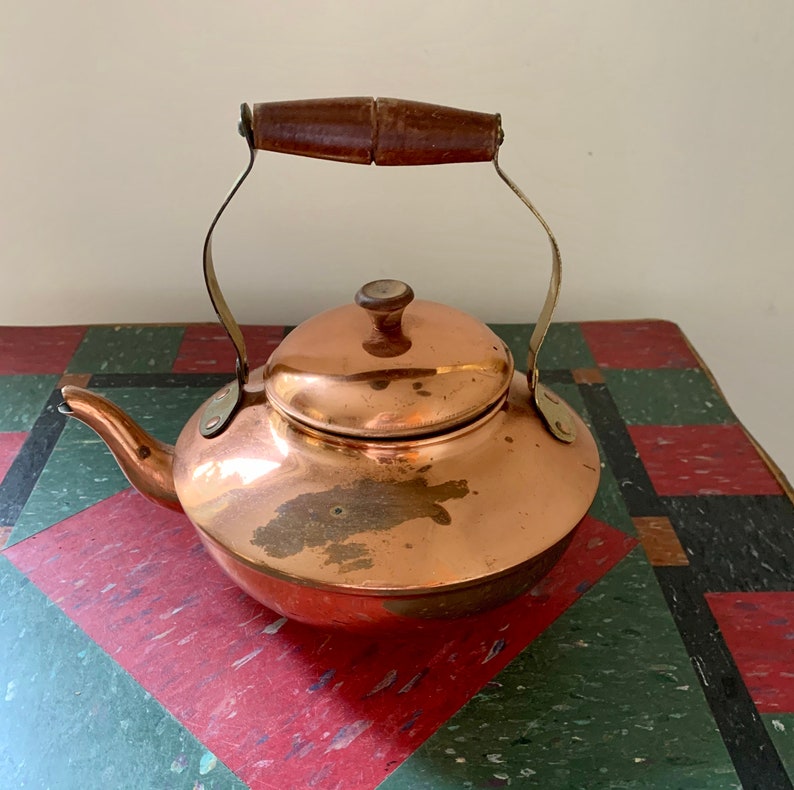 Vintage Copper Tea Kettle Wood Handle - Etsy