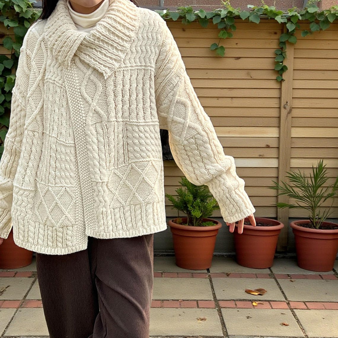 Chunky Cable Knit Wool Sweater: Cottage Style Fold-over Collar Jumper ...