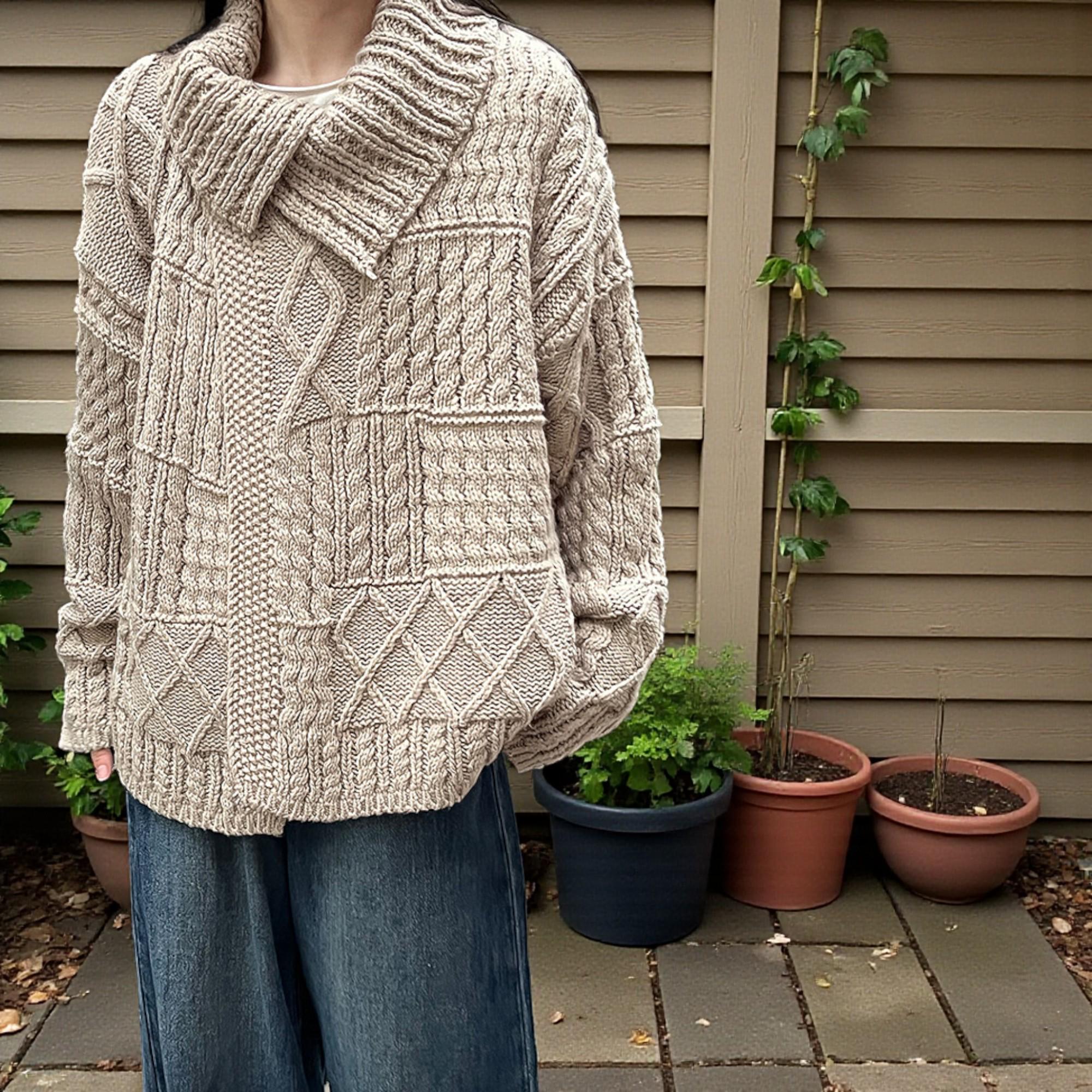 Chunky Cable Knit Wool Sweater: Cottage Style Fold-over Collar Jumper ...