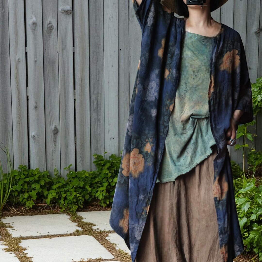 Blue Floral Linen Blend Kimono Jacket: Boho Cottage Style Duster Coat ...