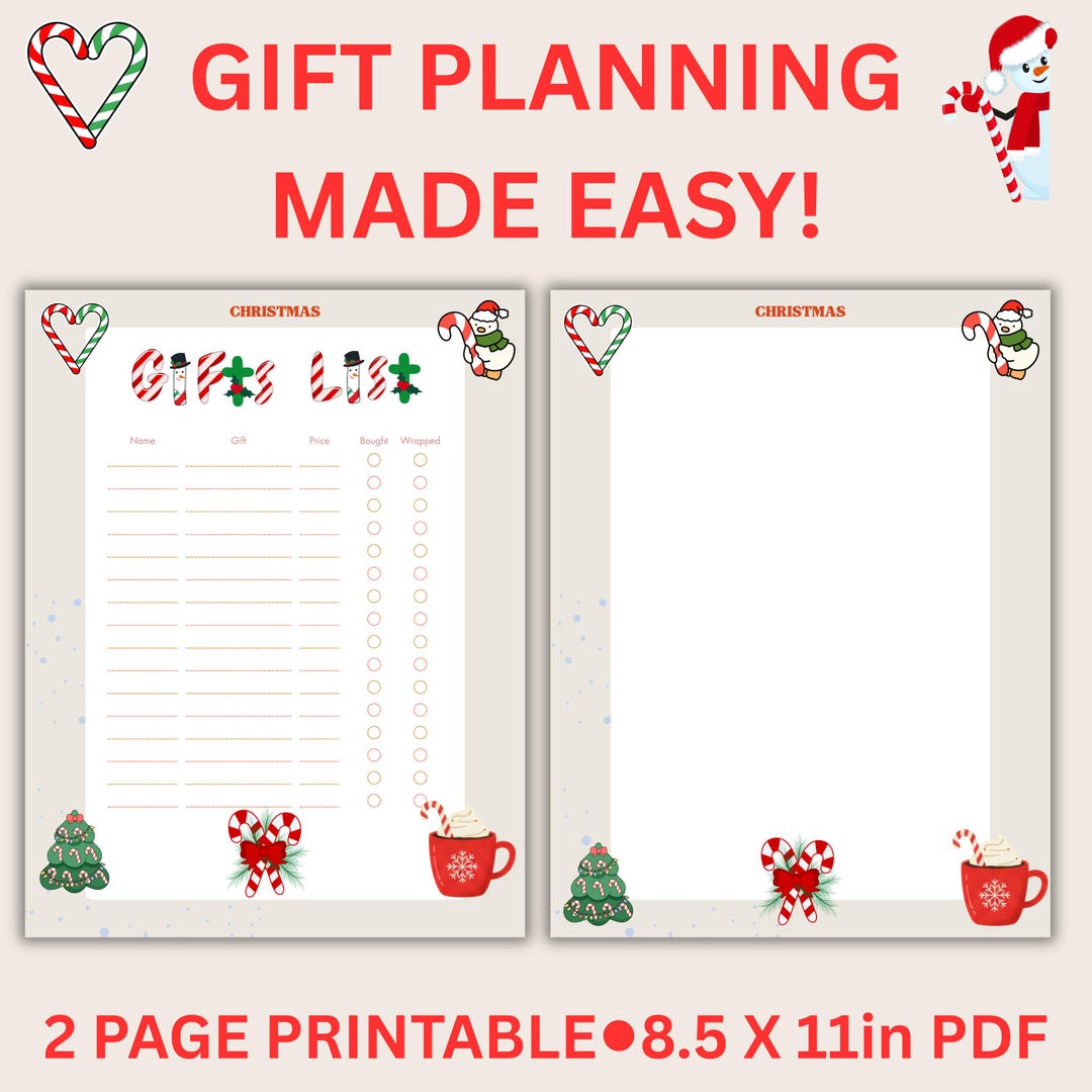 Candy Cane Christmas Gift List Printable | Holiday Shopping Tracker (8 ...