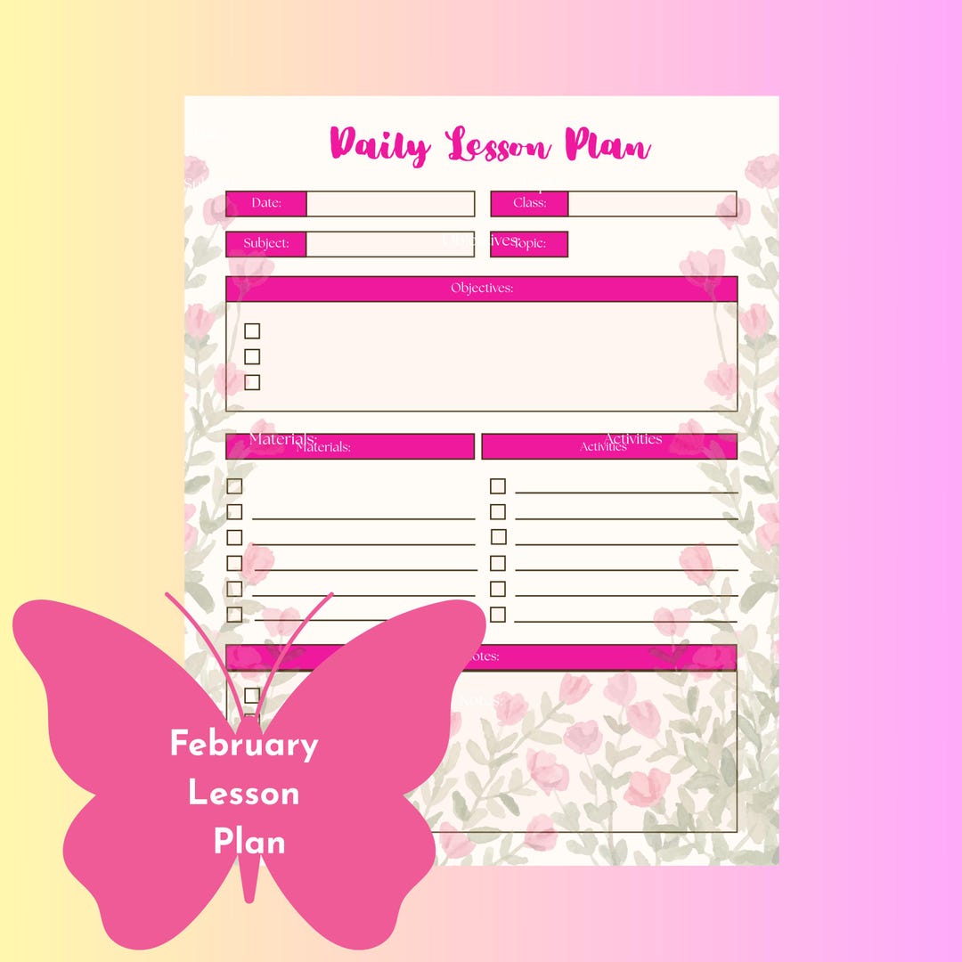 February Lesson Plan Sheet: Floral Pink Teacher Planner (PDF Printable ...