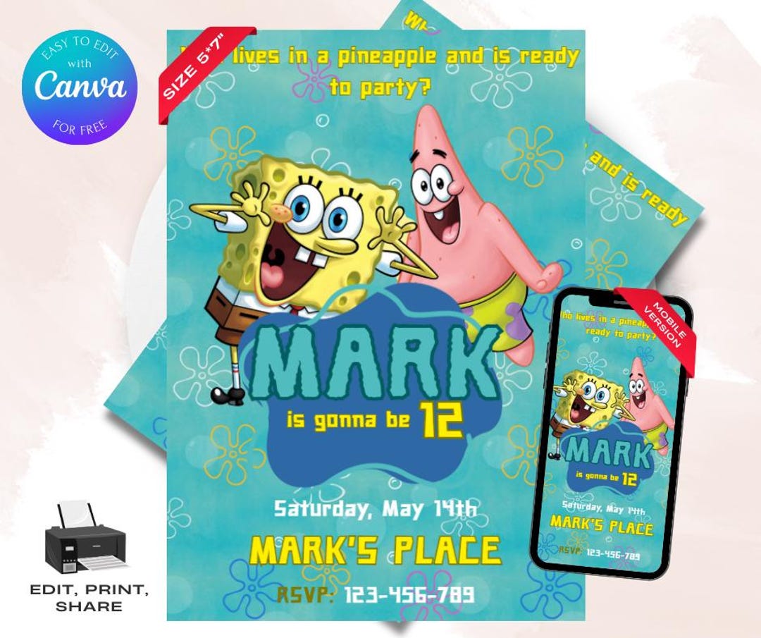 Editable Spongebob Birthday Invitation Template, Funny Cartoon Party ...