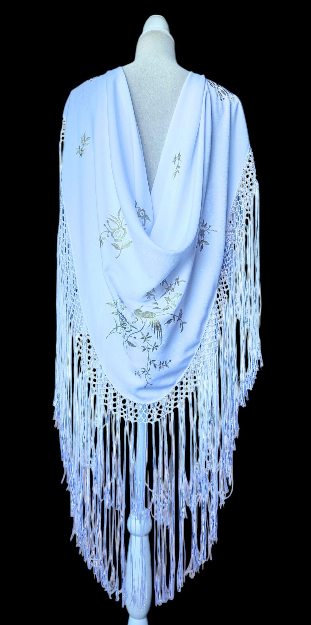Vintage White and Golden Silk Shawl – Hand Embroidered With Birds ...