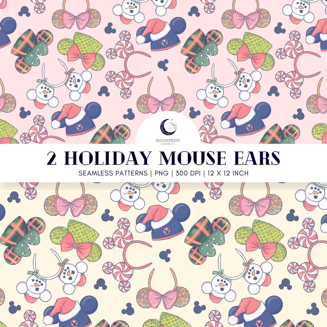 Holiday Mouse Ears Seamless Pattern Bundle: 2 Hand-drawn 12x12" Pngs ...