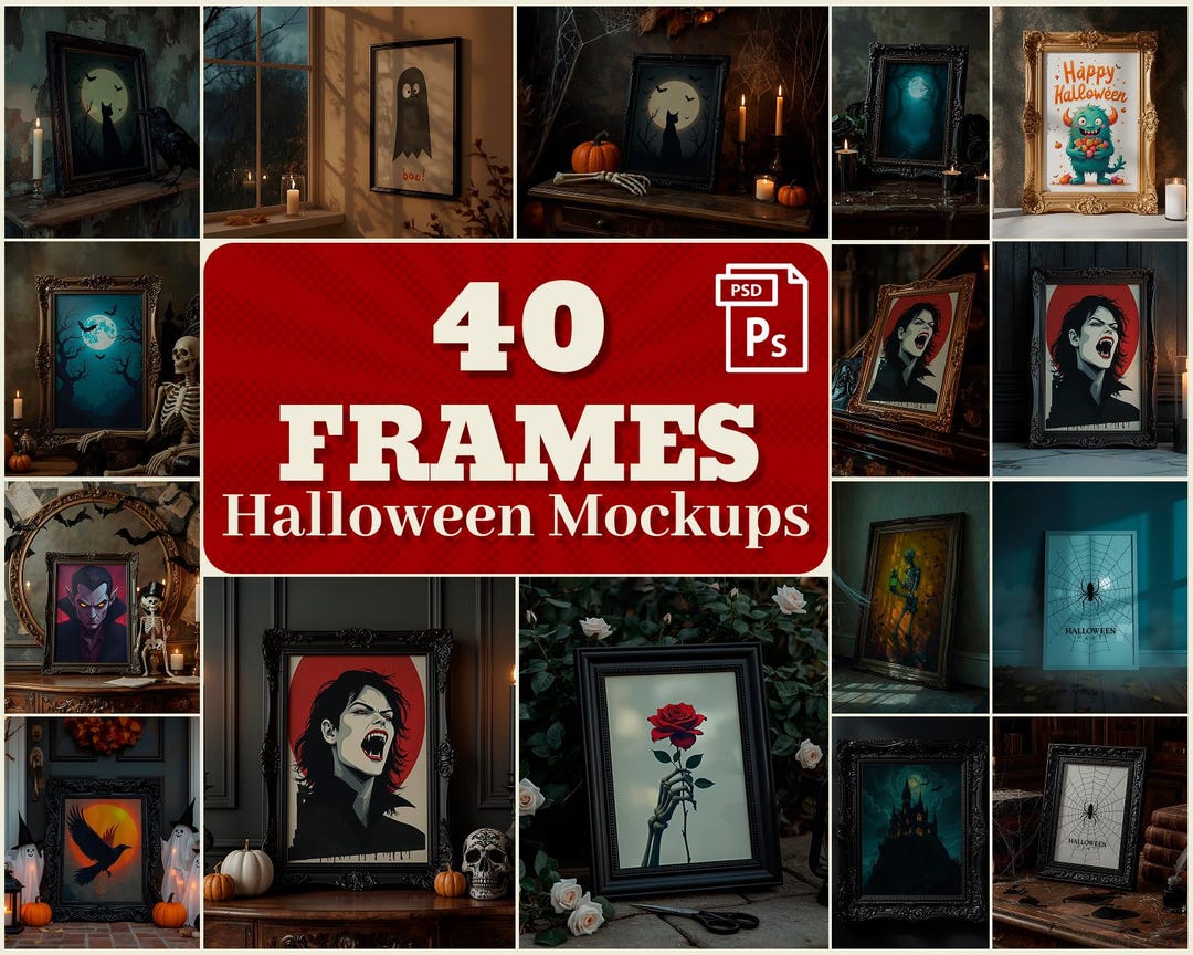 40 Halloween Frame Mockups Bundle PSD, Spooky Gothic Autumn Poster ...
