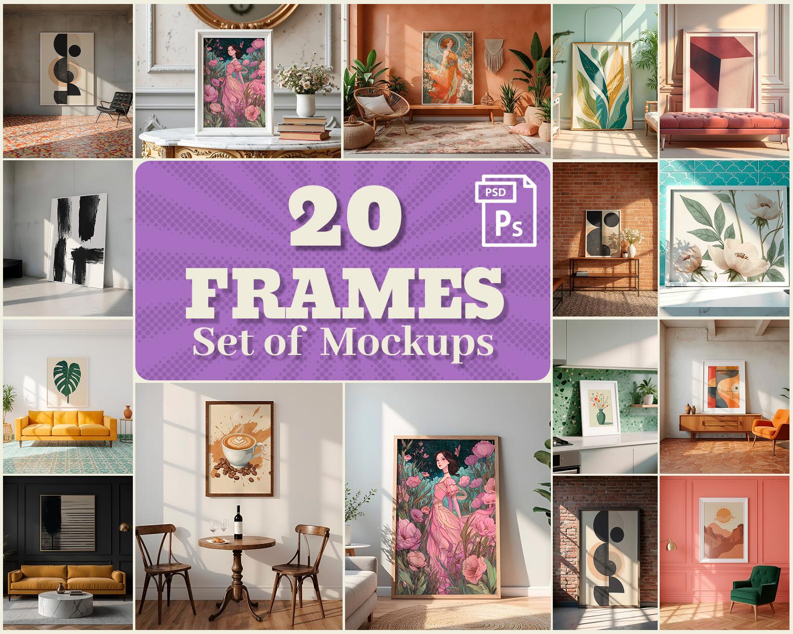 20 PSD Frames Mockup Bundle, Wall Art Poster Frame Mockups, Interior ...