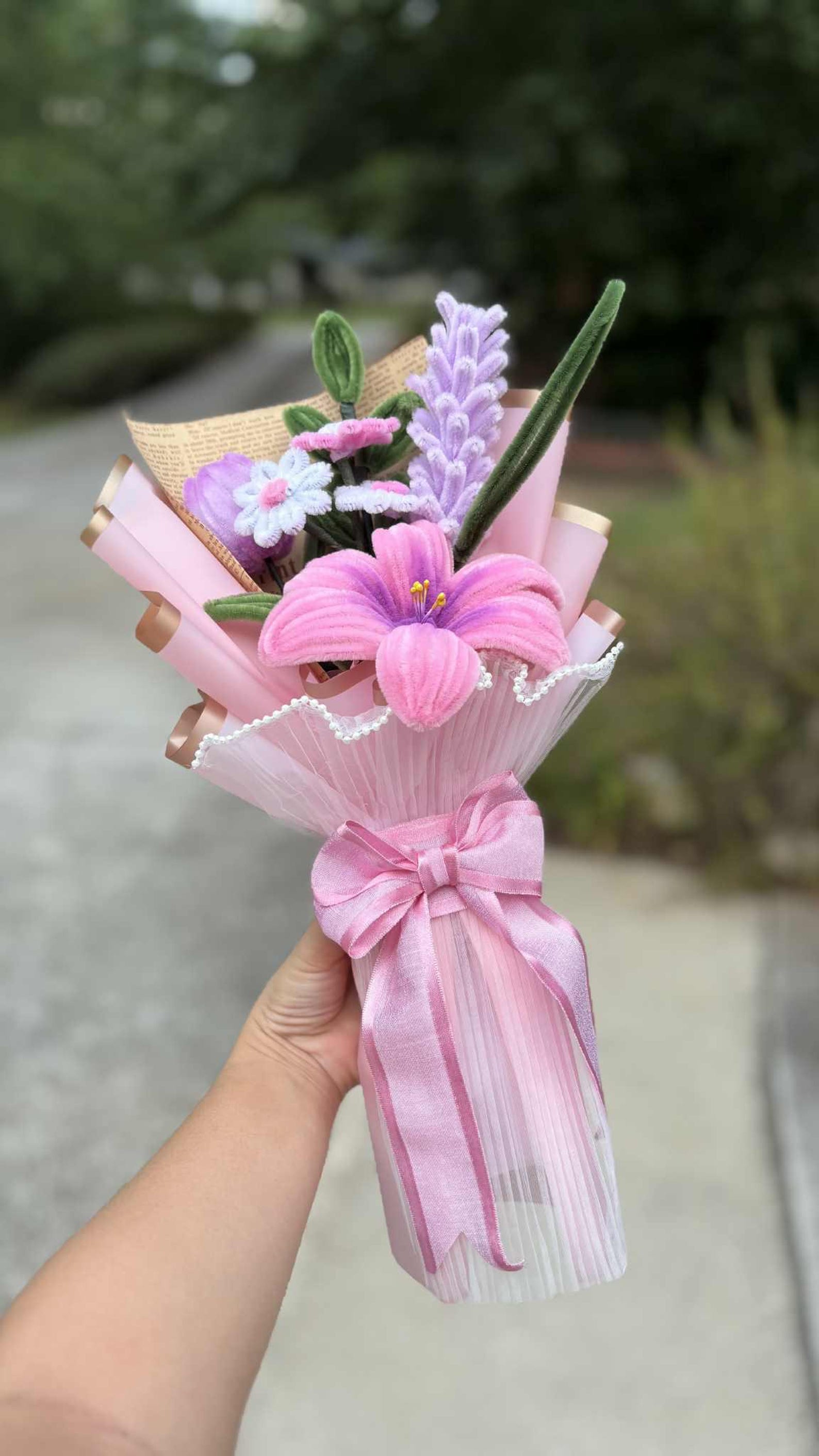 Mini Handmade Fuzzy Flower Bouquet – Pink Lily & Pastel Blooms - Etsy