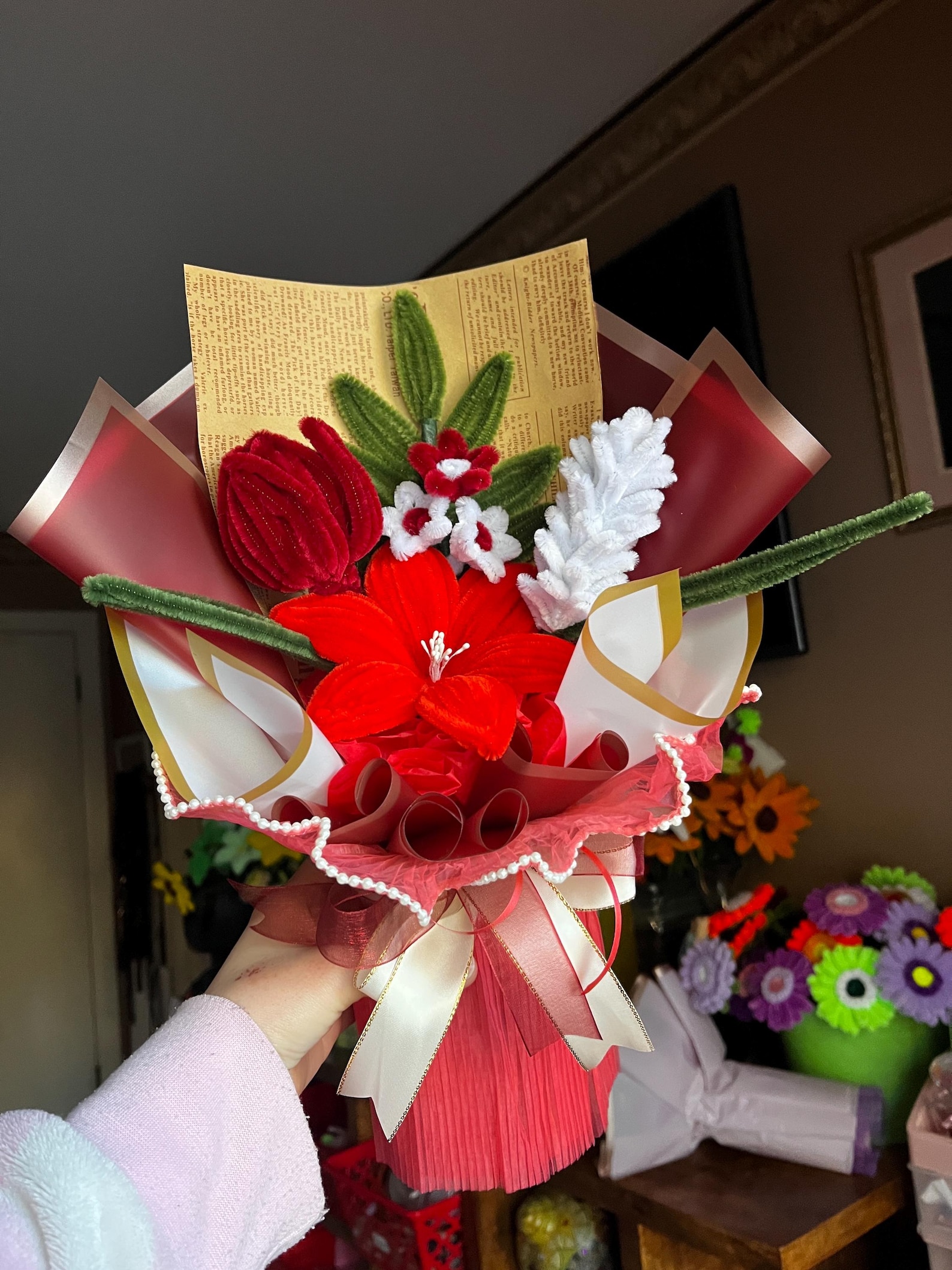 Mini Handmade Fuzzy Flower Bouquet – Pink Lily & Pastel Blooms - Etsy