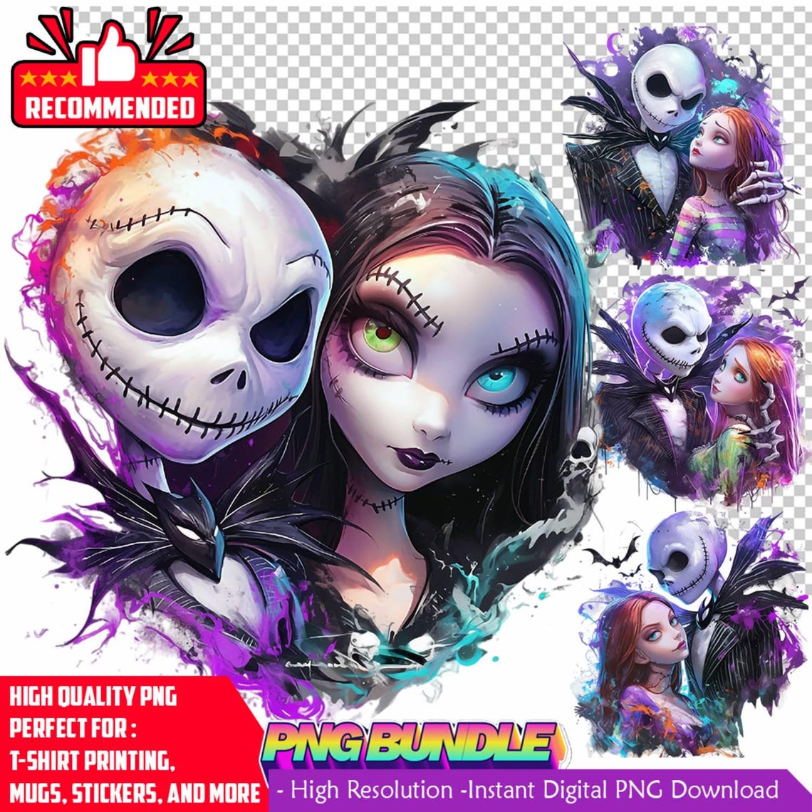 Jack and Sally Watercolor Clipart PNG Bundle: Gothic Couple (digital ...