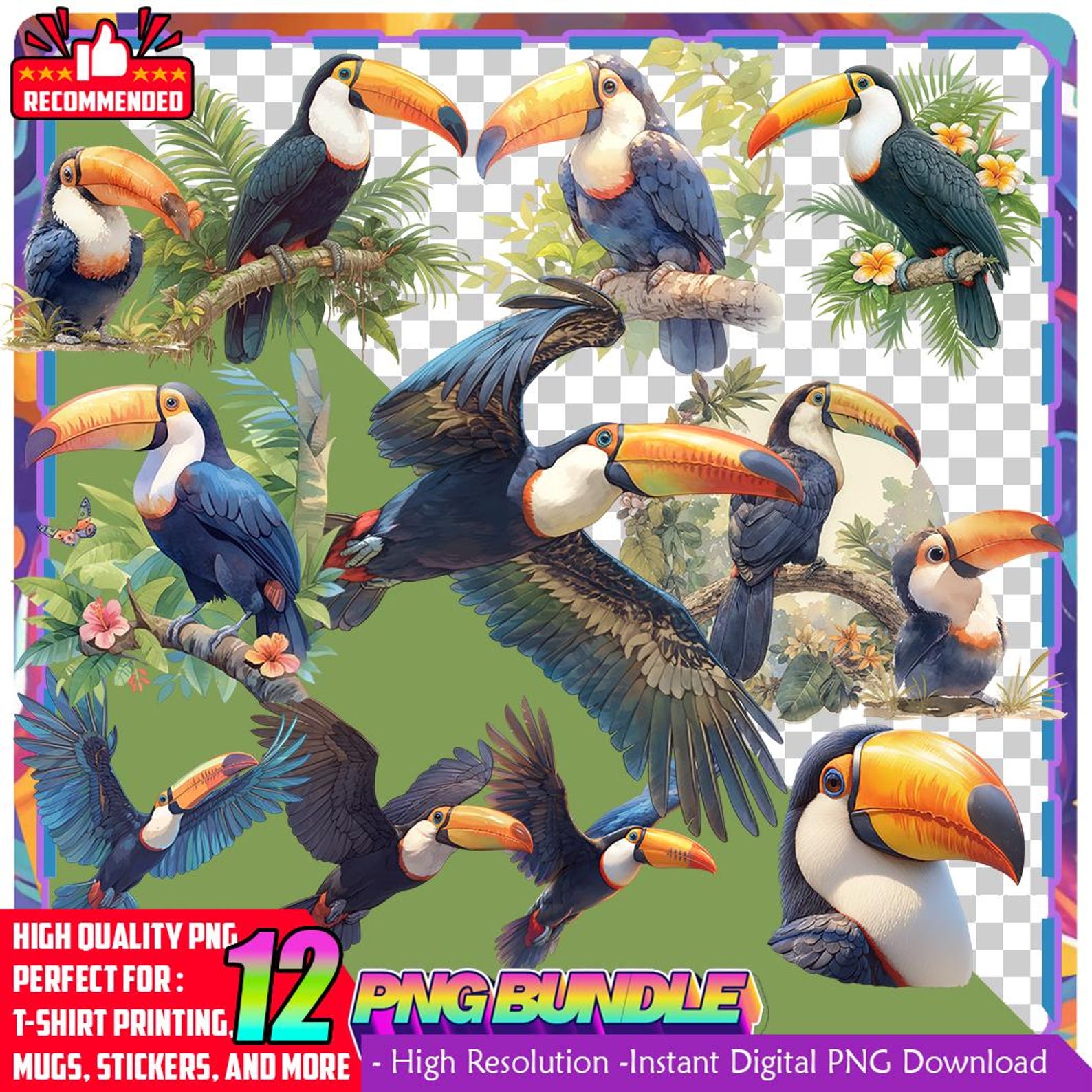 Toucan Clipart Bundle: Tropical Bird PNG, Colorful Jungle Art, Exotic ...