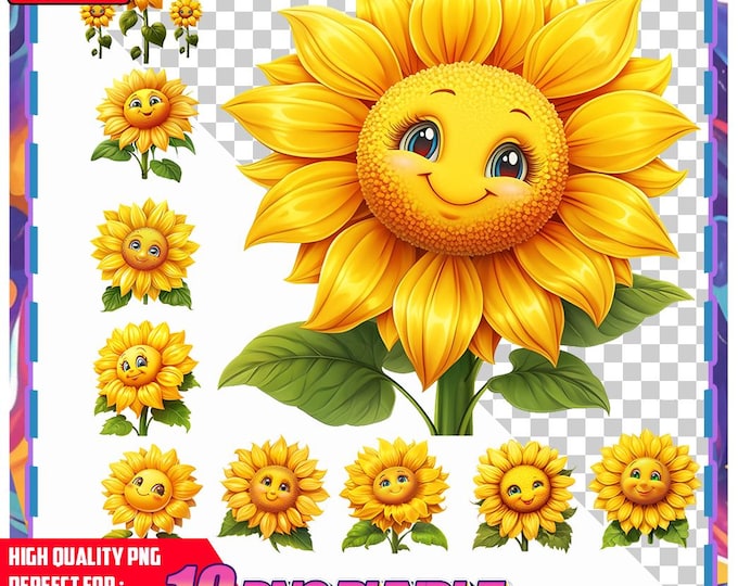 Sunflower Smiley Face Clipart Bundle | Cheerful Flower Art (digital ...
