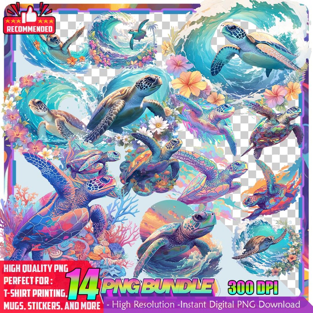 Psychedelic Sea Turtle Clipart: Trippy Ocean PNG Bundle (digital ...