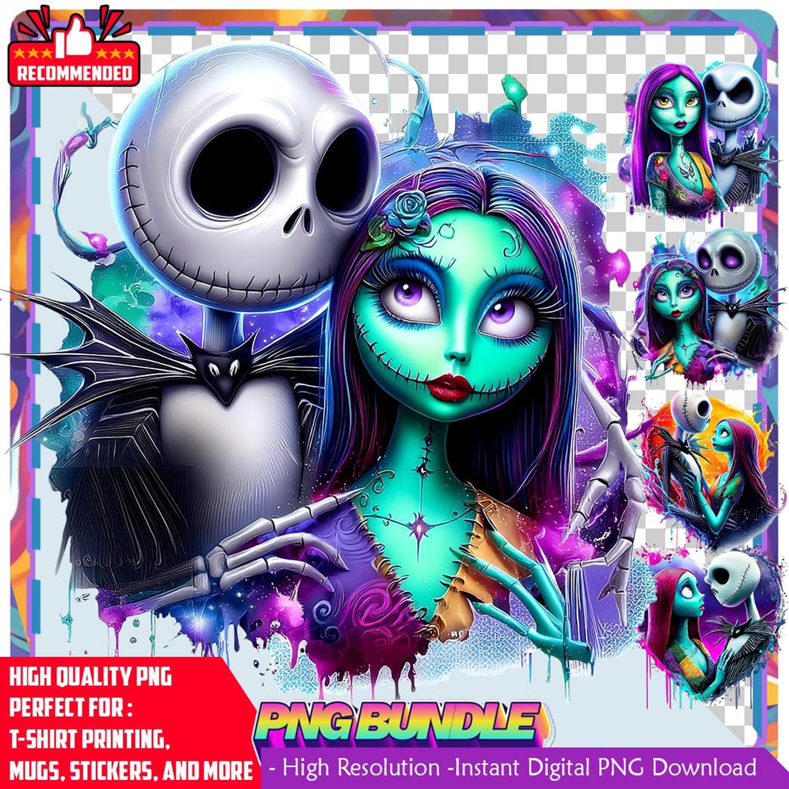 Jack and Sally Watercolor Clipart PNG Bundle: Gothic Couple (digital ...