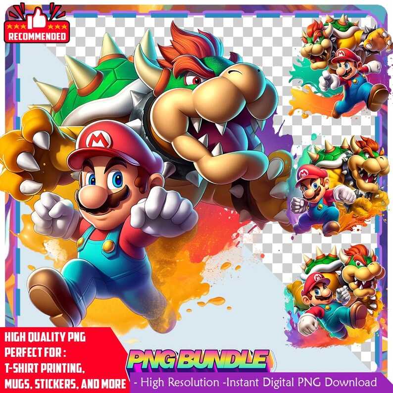 Mario Vs Bowser Clipart: Watercolor Splash PNG Image (digital Download ...
