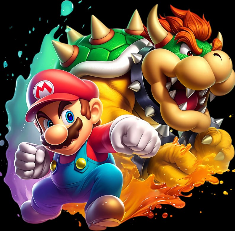 Mario Vs Bowser Clipart: Watercolor Splash PNG Image (digital Download ...