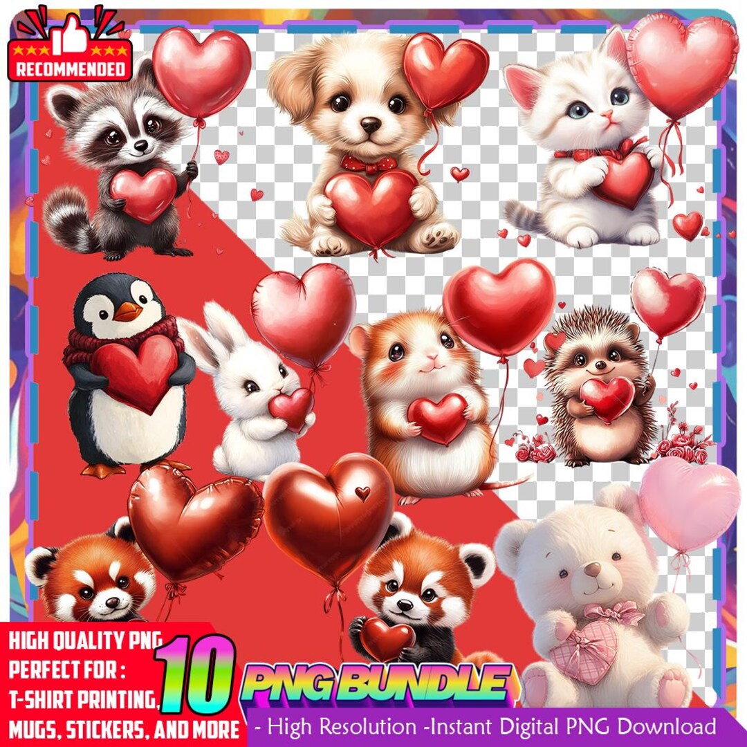 Valentine Animal Clipart: Heart Theme PNG Bundle (digital Download - Etsy