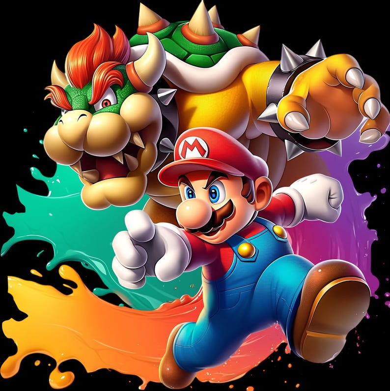 Mario Vs Bowser Clipart: Watercolor Splash PNG Image (digital Download ...