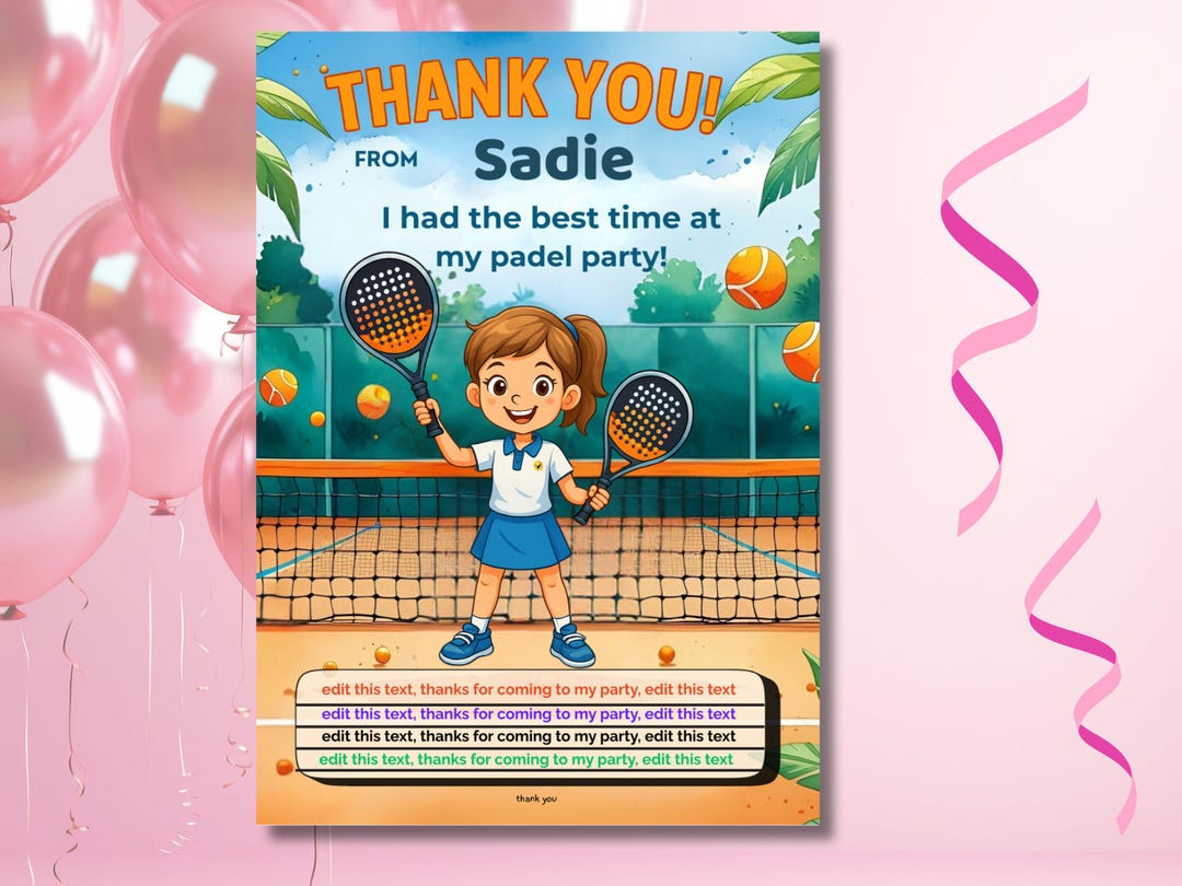 Thank You Card Printable – Padel Birthday Party, Editable 5x7, Girl ...