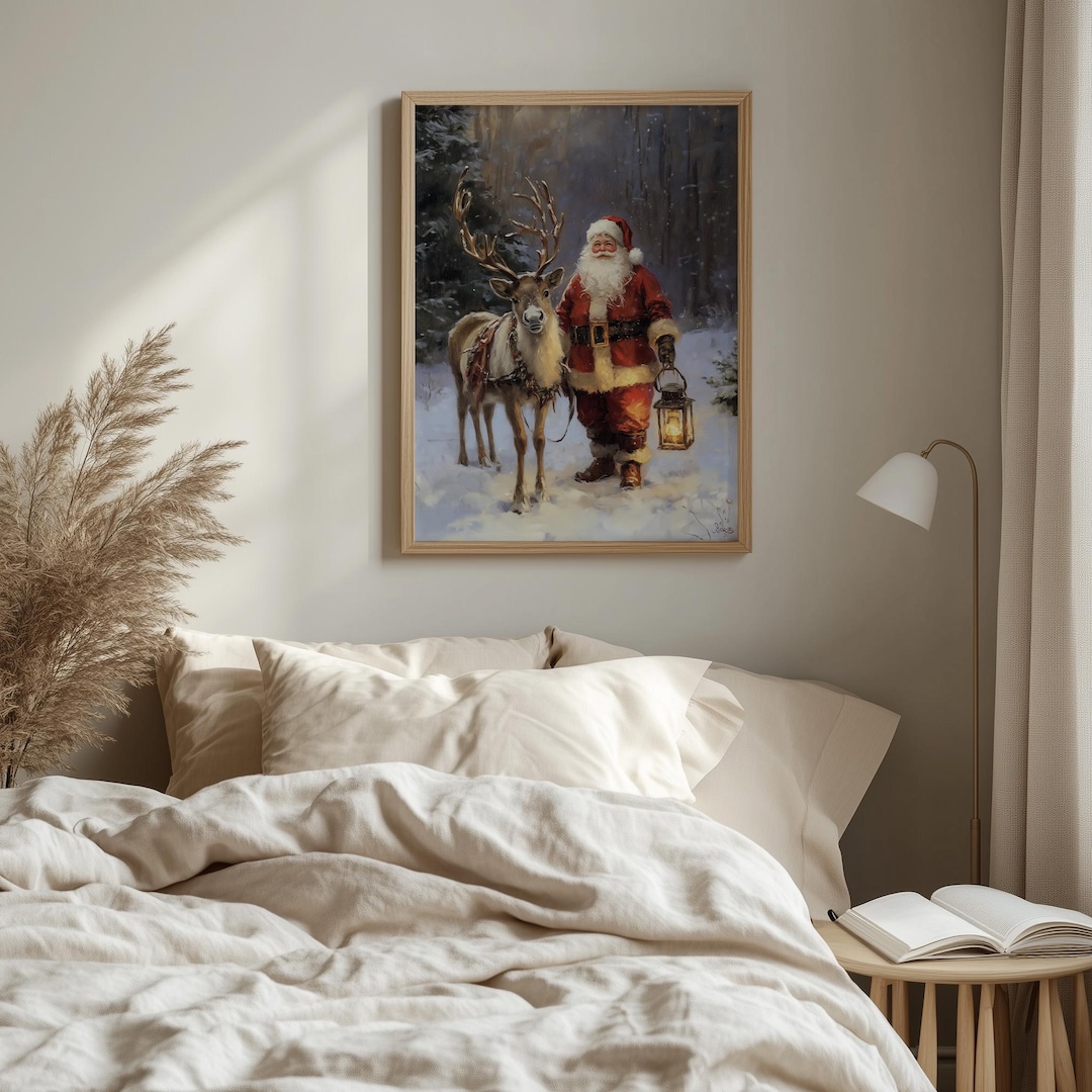 Festive Santa With Reindeer in Snowy Forest - Vintage Christmas Wall ...