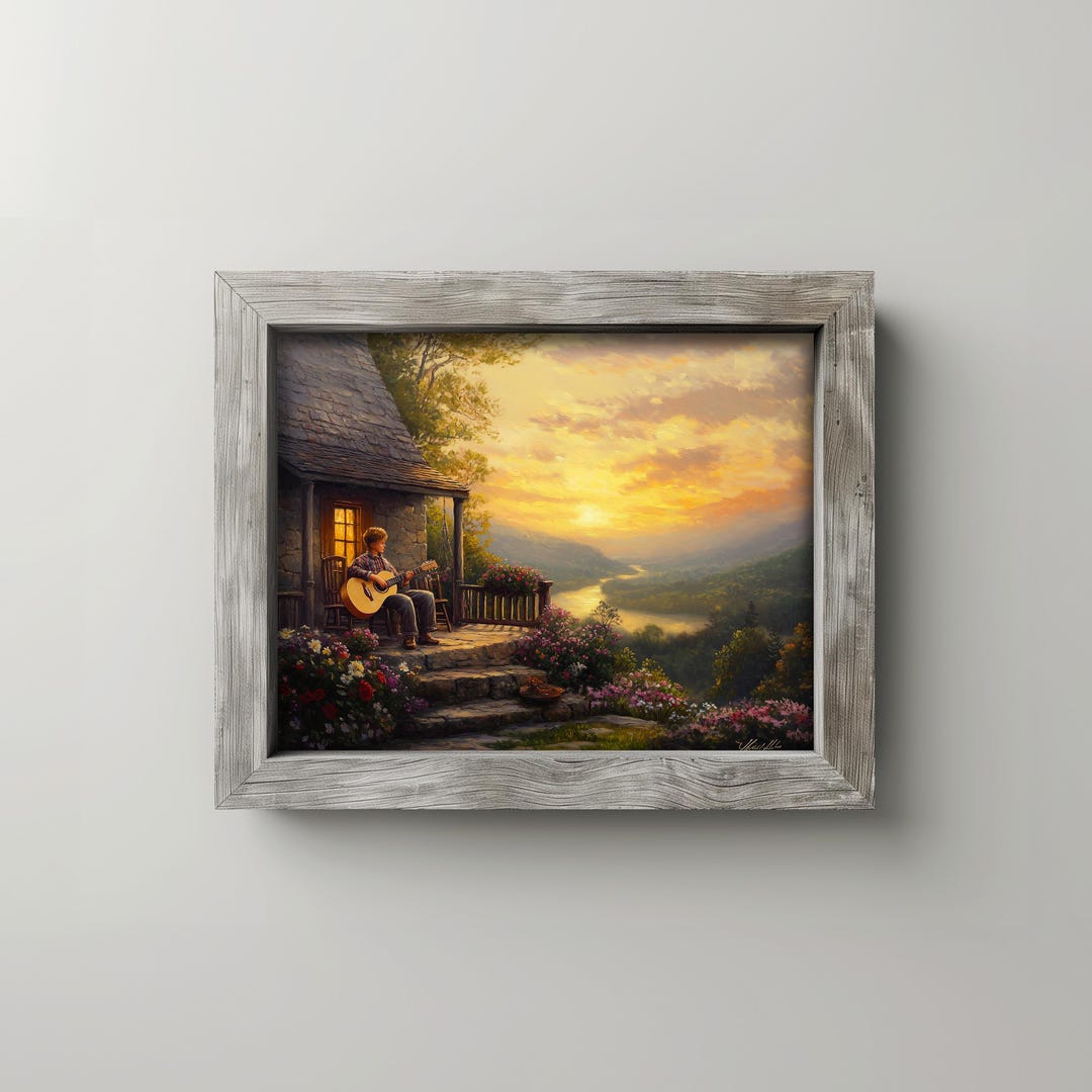 Printable Child Guitar at Sunset on Cottage Porch - Cozy Cottagecore ...