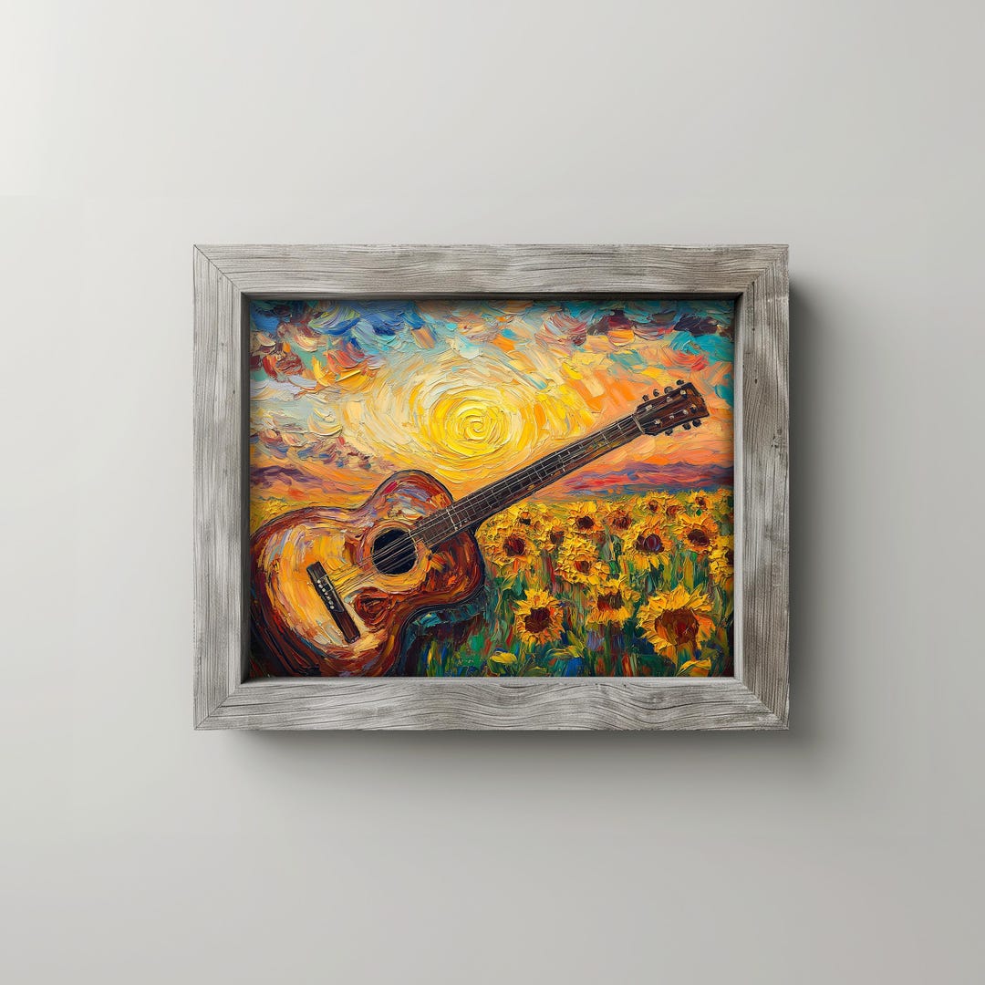 Rustic Acoustic Guitar Among Van Gogh Sunflowers - Cottagecore Dusk ...