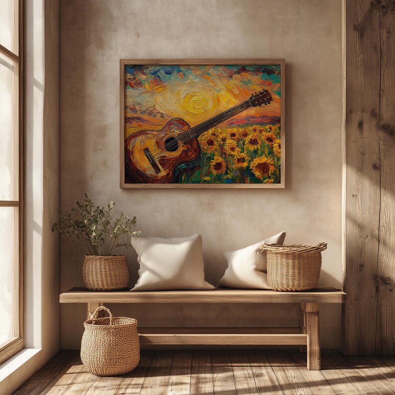 Rustic Acoustic Guitar Among Van Gogh Sunflowers - Cottagecore Dusk ...