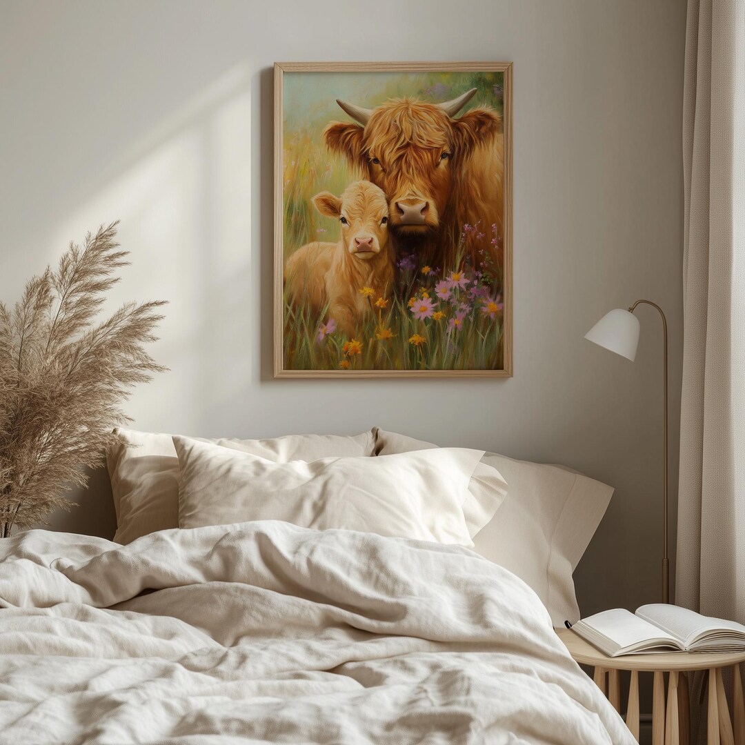 Rustic Highland Cow and Calf Scene - Cozy Farmhouse Animal Portrait ...