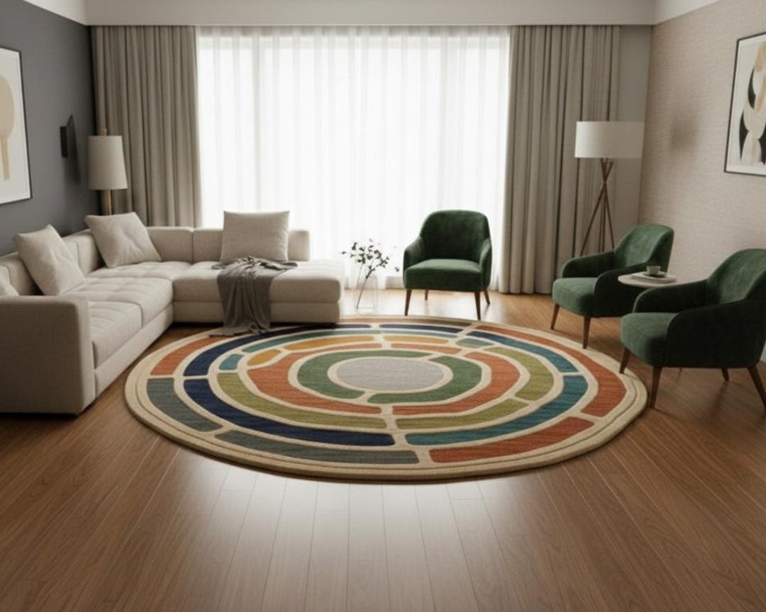 Modern Abstract Round Rug – Multi-color Geometric Concentric Circles ...